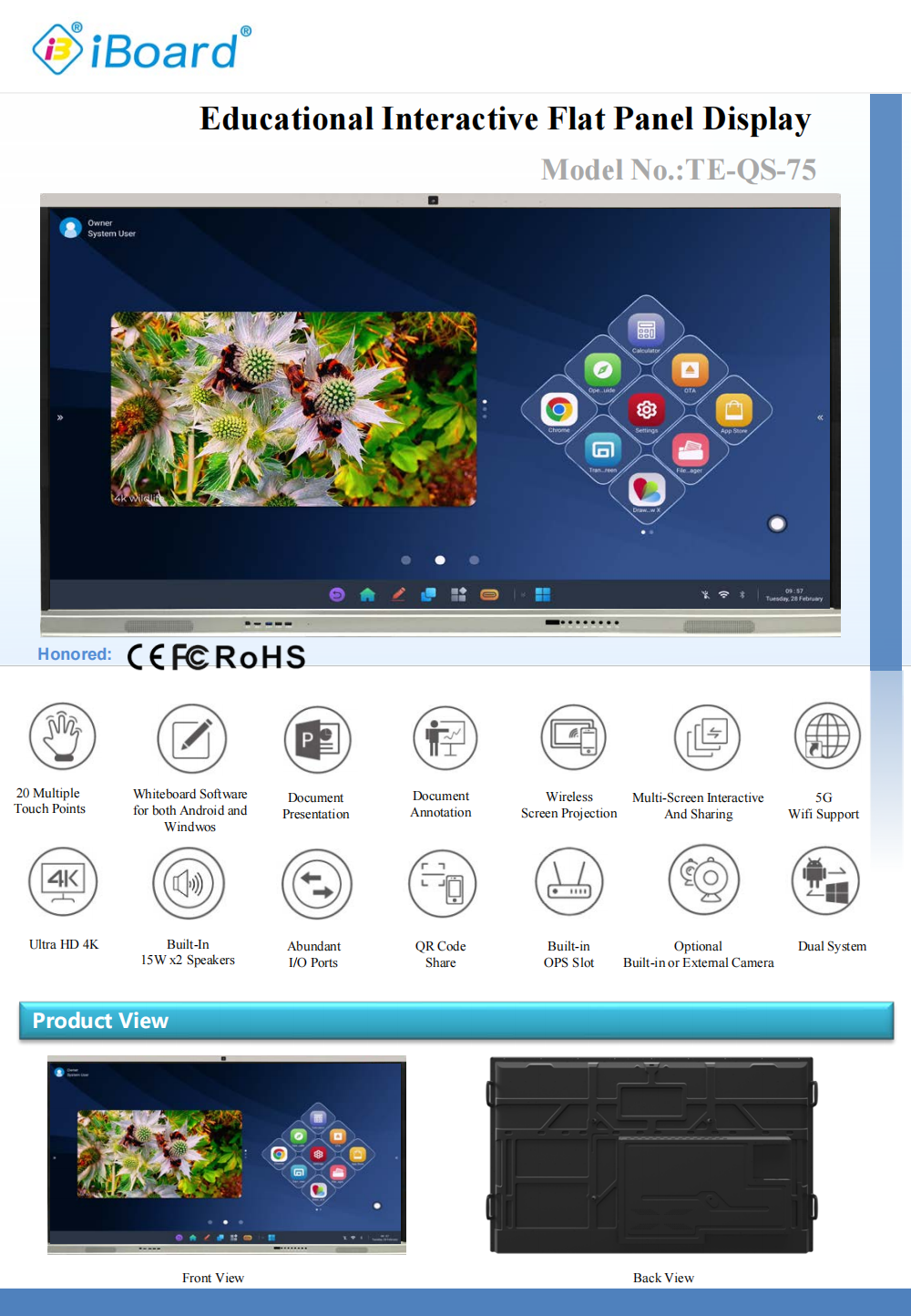 iBoard TE-QS-75/NP Interactive Flat Panel Display_iBoard